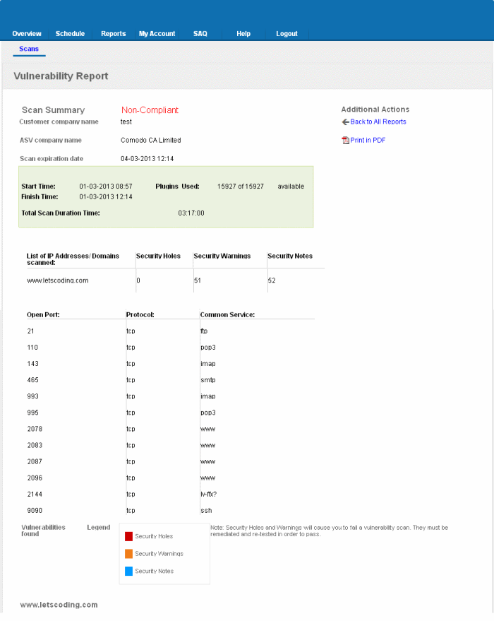 Vulnerability Report, Online Web Vulnerability Scanner | Comodo Web Inspector